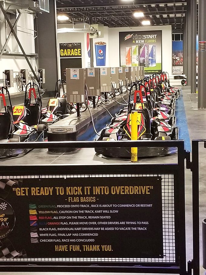 The "garage" where electric karts recharge their batteries while you recharge yours with tales of "I almost had you on that turn!"