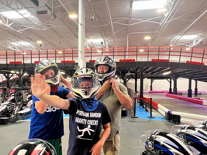 Family bonding reaches new decibel levels as helmets get adjusted and competitive spirits awaken across three generations.