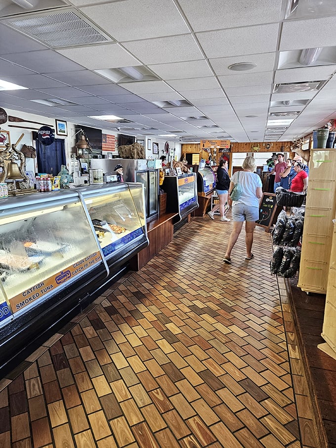 The seafood market side of Meding's—where locals know to grab the freshest catch to recreate the magic at home.