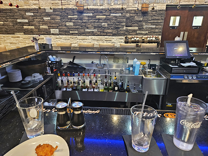 A bar setup that says "we take our drinks as seriously as our steaks"—a philosophy that deserves a standing ovation and a generous tip.
