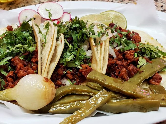 Tacos that tell the truth—no pretense, just perfectly seasoned chorizo, fresh cilantro, and lime. The roasted jalapeños are a bonus act.