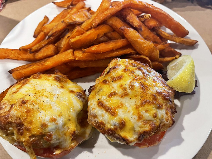 These golden-brown crab melts with sweet potato fries aren't just lunch—they're the comfort food equivalent of a warm hug from the Chesapeake Bay.
