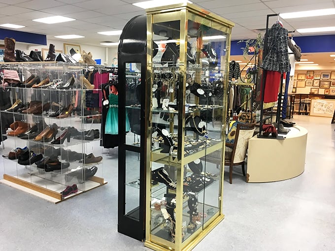 Display cases housing costume jewelry that sparkles with the optimism of cubic zirconia—treasures waiting for their next night out.