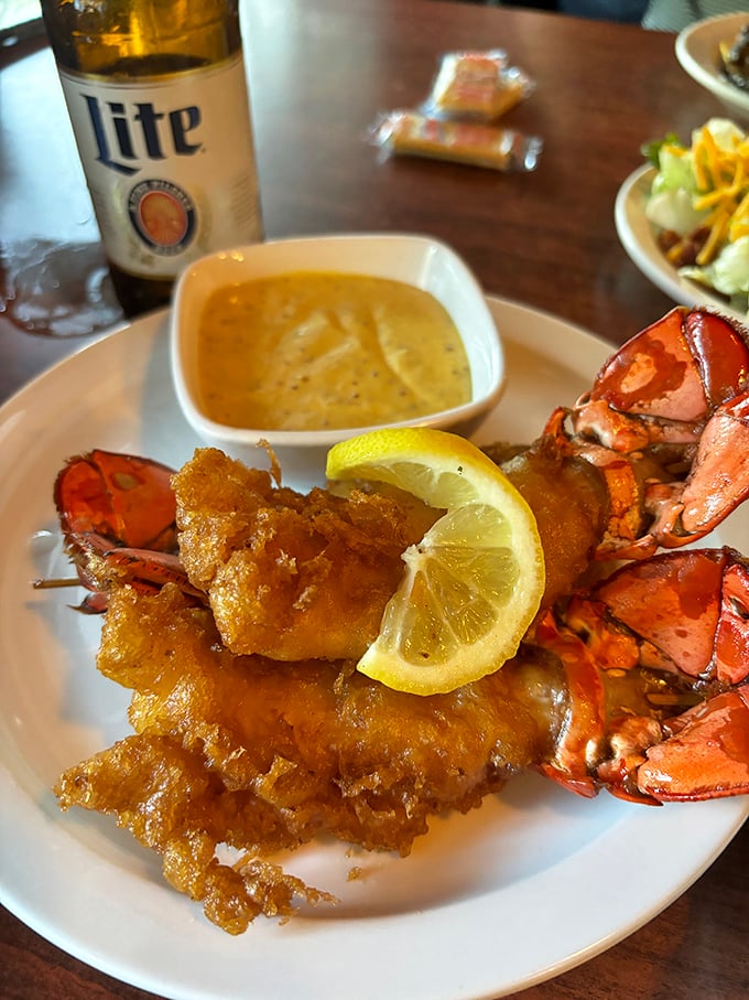 Fried lobster tails with a lemon accent—because sometimes surf deserves equal billing with turf. The golden batter crackles with each bite.