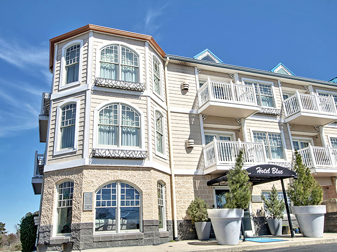 Hotel Blue's distinctive architecture adds coastal elegance to Lewes' accommodations. Those balconies aren't just for show—they're front-row seats to small-town charm and sea breezes.