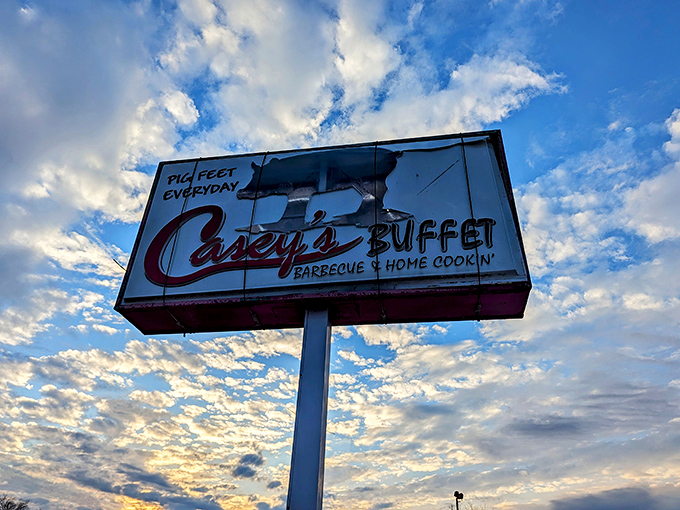 "Pig Feet Everyday" isn't just a sign—it's a bold promise that Casey's takes traditional Southern cooking seriously.
