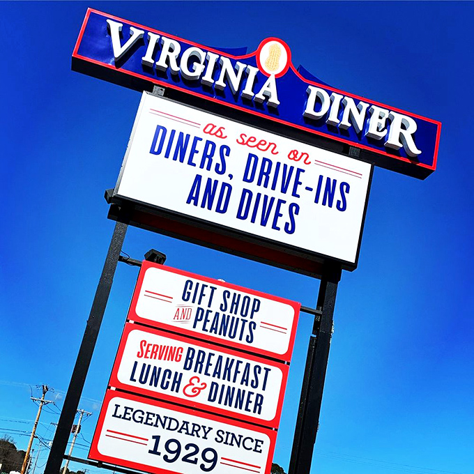 That sign against the blue sky isn't just advertising—it's a promise of legendary comfort food that's been kept faithfully since Calvin Coolidge was president.