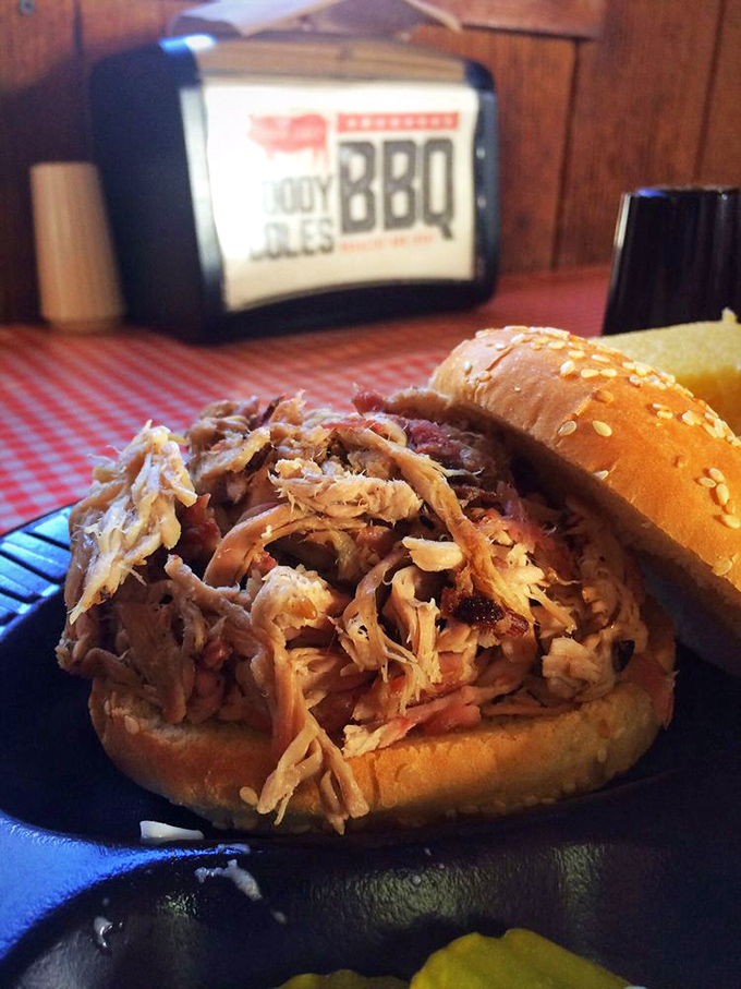 A pulled pork sandwich so generous it requires strategic planning—start from the sides or dive straight into the middle? Decisions, decisions.