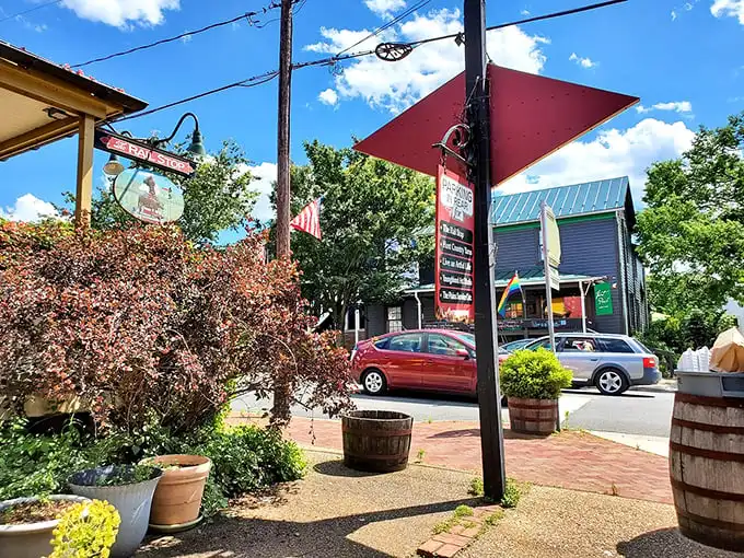 The neighborhood view from The Rail Stop's entrance—small-town America serving up charm by the plateful.
