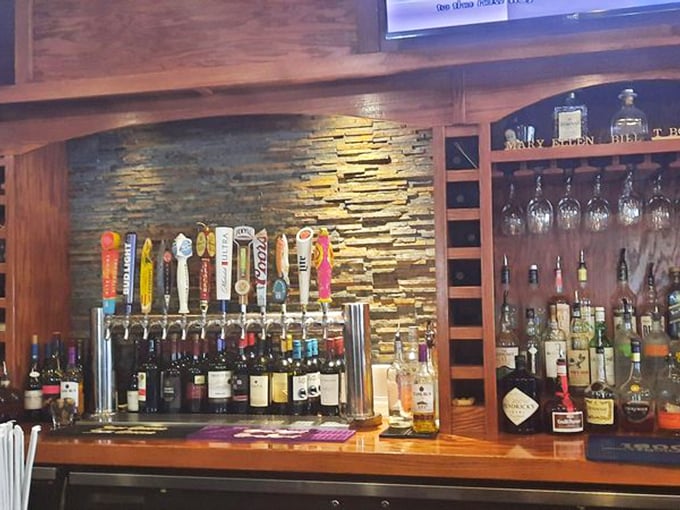 A well-stocked bar with craft beer taps—because sometimes the perfect pairing for seafood isn't wine, but a cold brew.