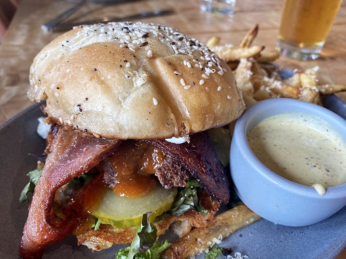 The humble hamburger elevated to art form—where every layer from bun to bacon tells its own delicious story.