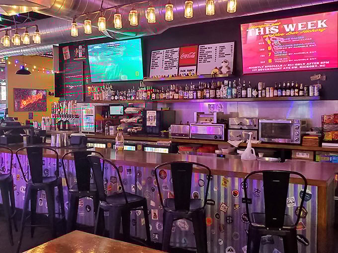 The bar's industrial-chic design features color-coded stools that guide patrons through their evening of high scores and higher spirits.