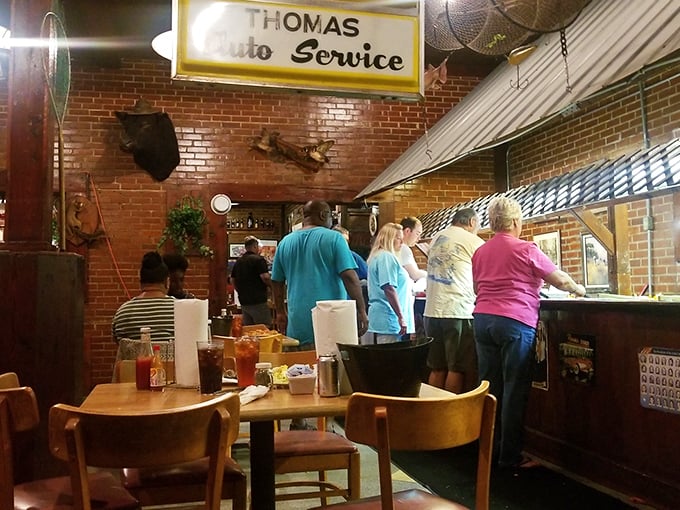 The Thomas Auto Service sign remains, a charming reminder that this building has served the community in more ways than one.
