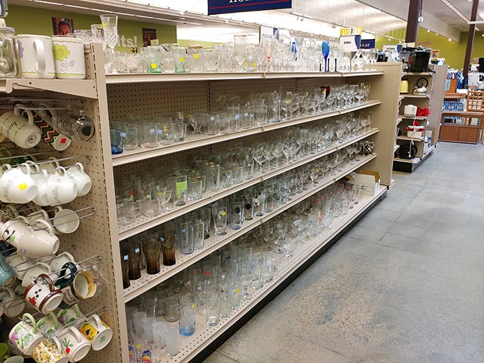 Glassware galore! From mid-century modern tumblers to your grandmother's crystal, this aisle is where dinner parties are reborn one place setting at a time.