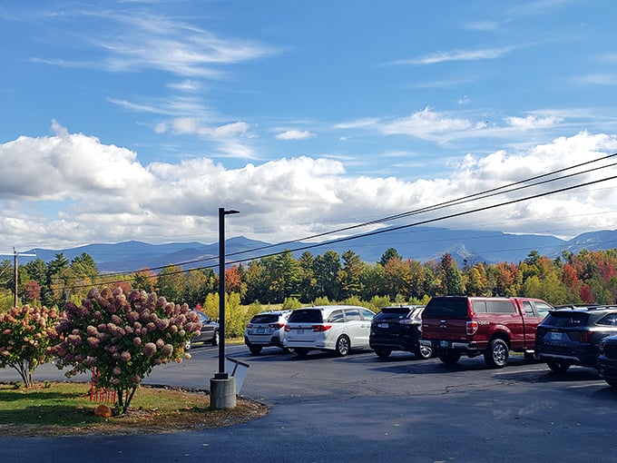 The view that pairs perfectly with pancakes—White Mountains standing majestically, as if they grew tall eating Polly's breakfast themselves.