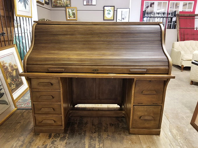 This roll-top desk once organized someone's life before spreadsheets existed. Pull up a chair and channel your inner newspaper editor or railroad baron.