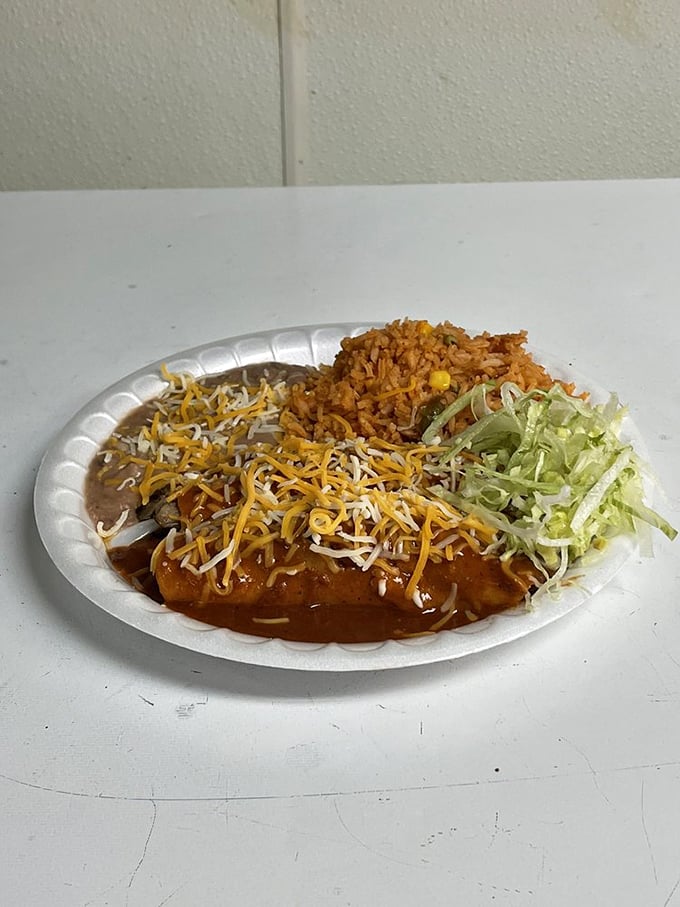 This enchilada plate looks like it was sent from the heavens—a divine combination of sauce, cheese, and all things right in the world.