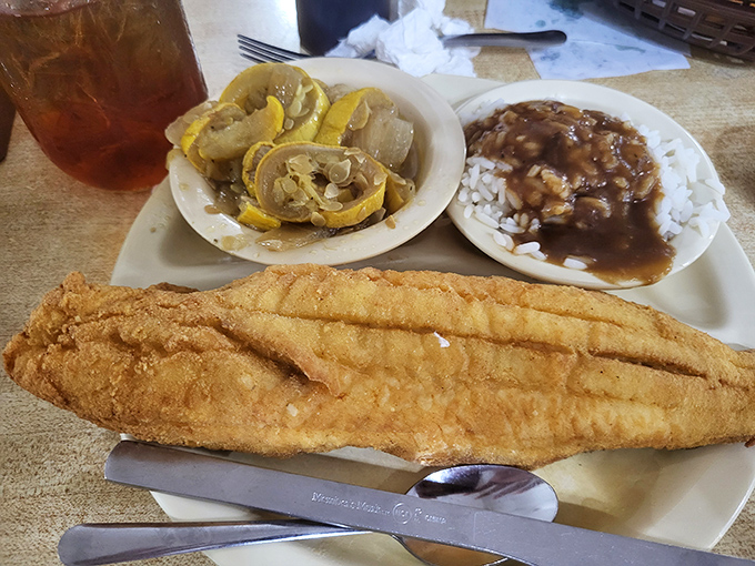 Southern catfish with squash and beans—proof that Pam's lunch game is every bit as strong as its breakfast reputation.