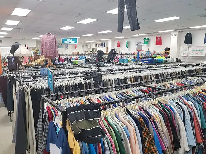 Clothing racks that stretch to the horizon like a textile ocean. Each hanger holds a garment with a past life, waiting for its next chapter in someone else's closet.