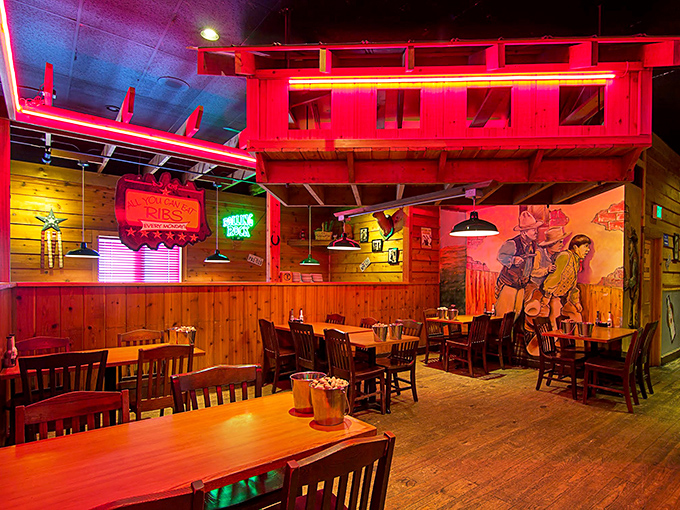 Red lighting, wooden tables, and Western murals—they're not just decorating, they're storytelling without saying a word.