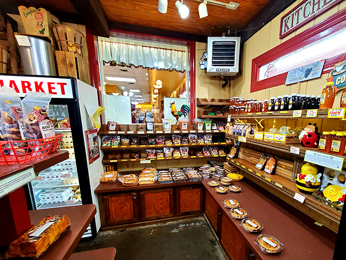 The market section is like a treasure chest of homemade goodies. Diet plans come here to die happy deaths surrounded by jams, pies, and local honey.