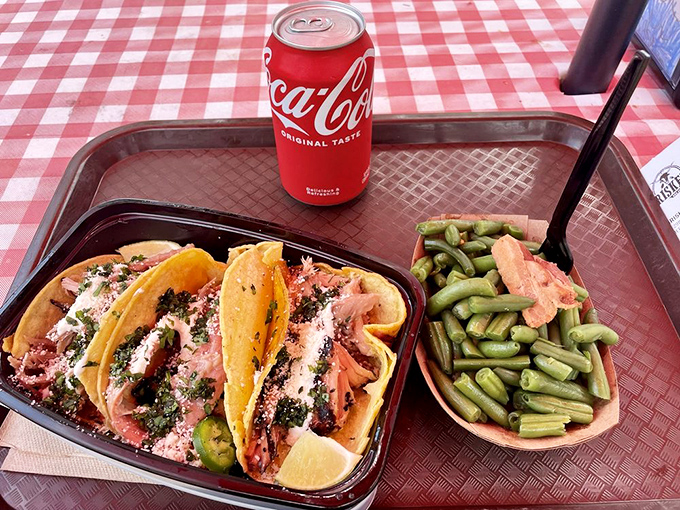 Street tacos reimagined through a BBQ lens—pulled pork nestled in corn tortillas with green beans that aren't just an afterthought but a revelation.