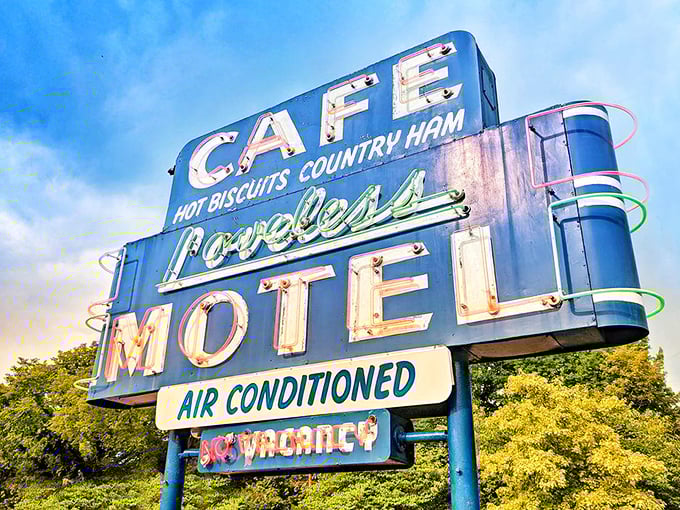 The vintage neon sign promises three essentials of Southern life: CAFE, BISCUITS, and MOTEL—a roadside trinity that's been saving travelers since 1951.