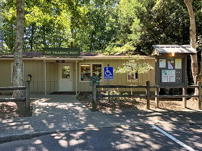 The Trading Post—civilization's last outpost before wilderness takes over. Forgot your trail mix? This humble building stands between you and hangry hiking syndrome.