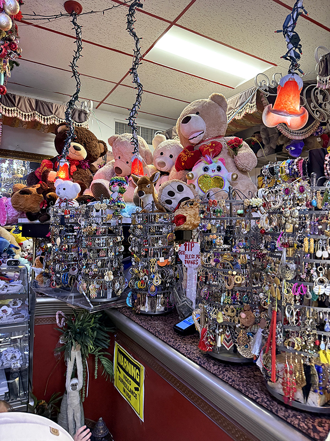 Jewelry displays surrounded by watchful teddy bears create the most whimsical security system ever. "Yes, I'll take two truffles and that necklace the raccoon is modeling."