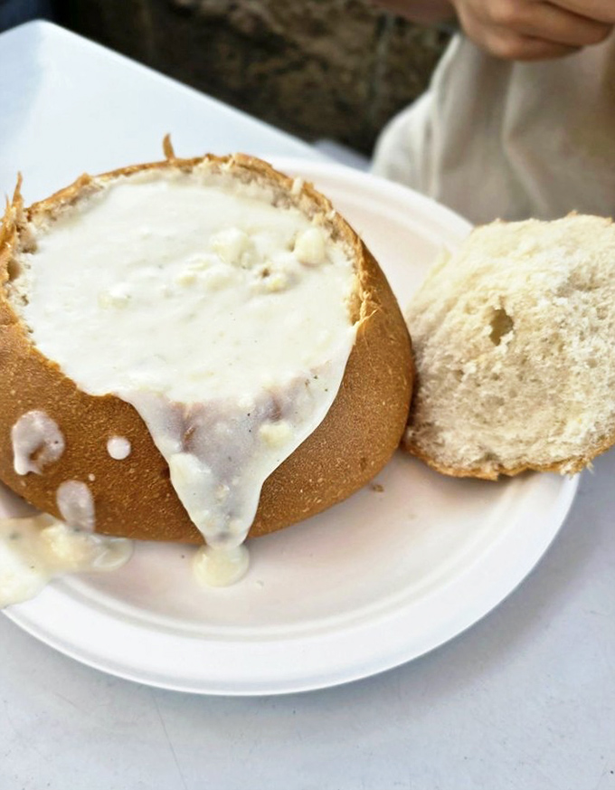 Clam chowder served in a sourdough bread bowl—California's delicious answer to the age-old question: "Can I eat my dishes?"v