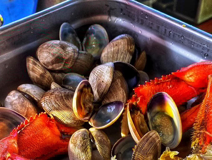 Nature's perfect appetizer—plump clams nestled alongside their crustacean cousins, creating a metal tray of maritime magnificence.