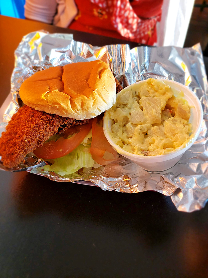 This isn't just a sandwich; it's architecture. Crispy coating, fresh veggies, and a side of potato salad that didn't come from any grocery store.
