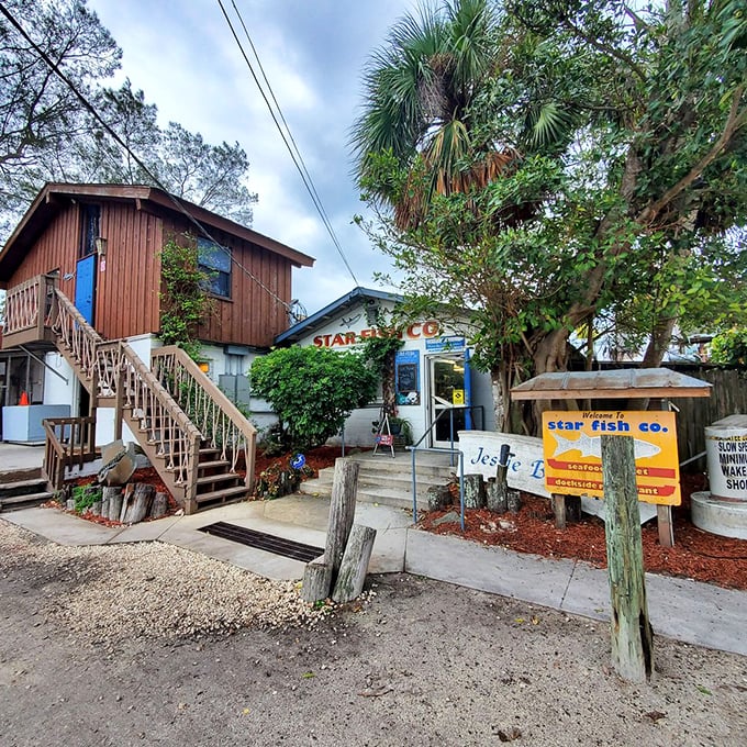 Old Florida charm preserved in wood and white paint. That staircase has carried thousands of seafood pilgrims to bliss.