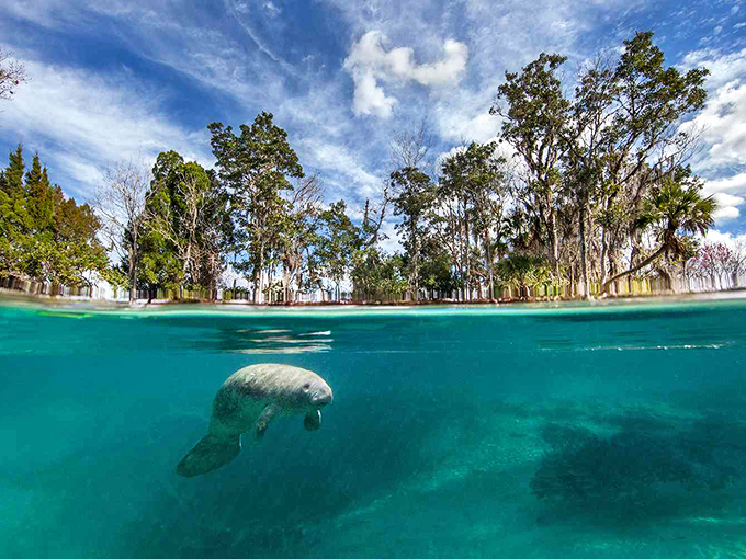 A gentle manatee glides through impossibly clear waters. This split-level shot captures why Crystal River is magical – where the world above and below the waterline meet.
