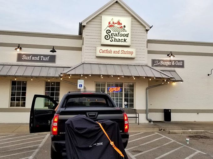 Even at dusk, Seafood Shack stands ready to satisfy seafood cravings. That pickup truck looks like it's about to be filled with takeout treasures.