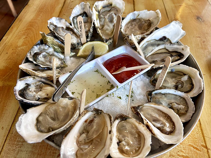 A dozen glistening oysters arranged in a perfect circle—nature's shot glasses filled with the briny essence of the Chesapeake. Slurp with pride.
