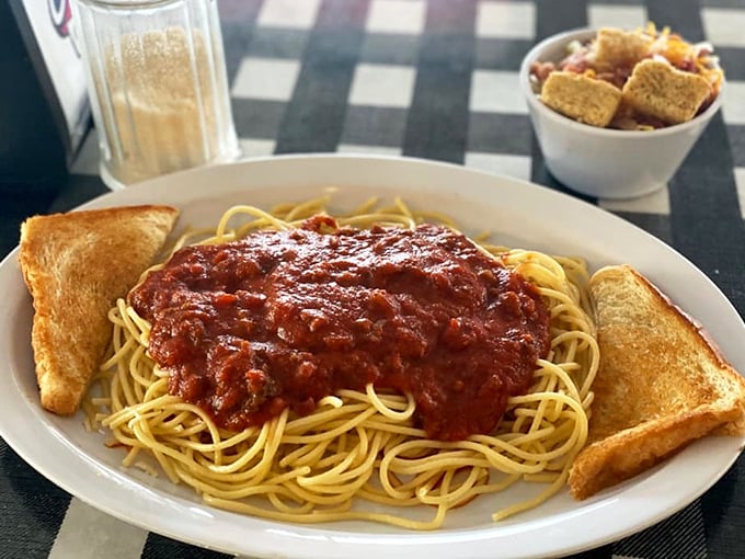 Spaghetti with meat sauce that doesn't pretend to be Italian—just honest, hearty, and exactly what you wanted without knowing it.