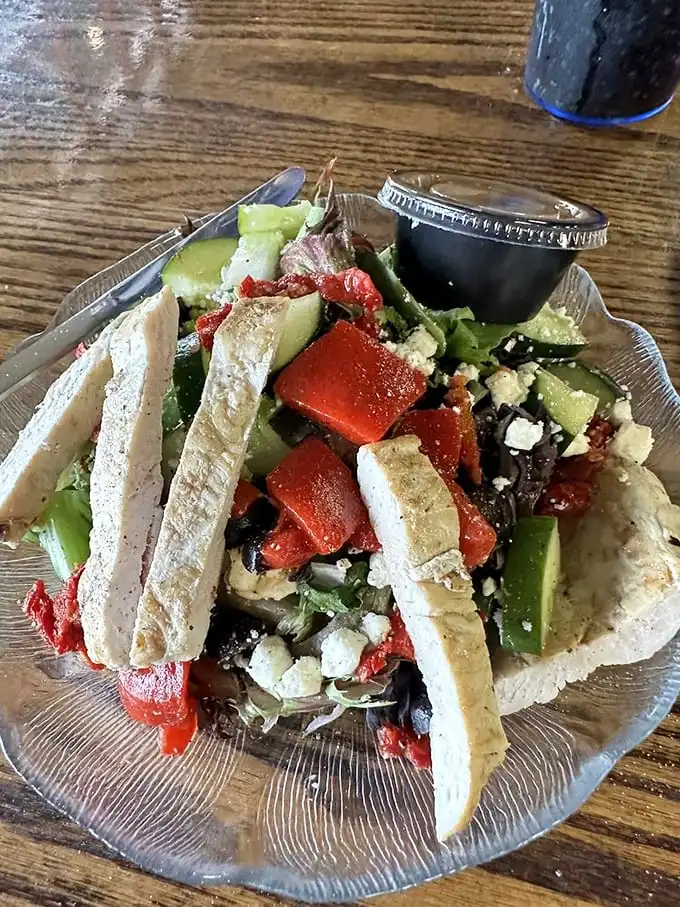 A Mediterranean salad that offers a lighter option without sacrificing flavor. Those strips of pita bread are perfect for scooping up every last feta crumble.