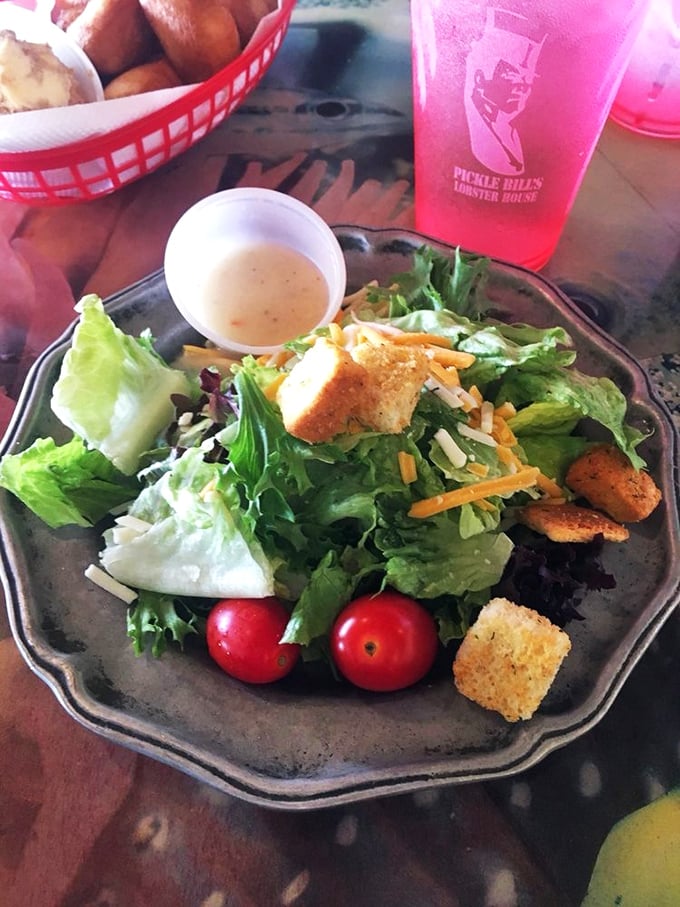 Even the salad gets special treatment—a fresh, crisp counterpoint to all that glorious seafood, because balance matters (or so they tell me).