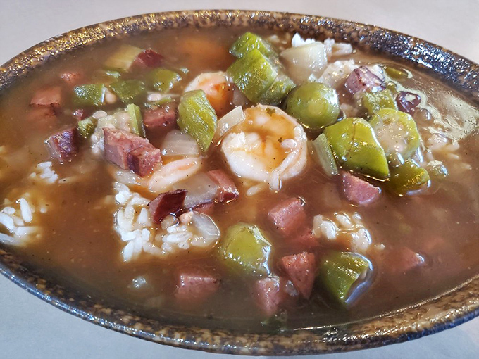 Gumbo that tells the story of Louisiana in every spoonful—rice, shrimp, sausage, and vegetables swimming in harmony like old friends.