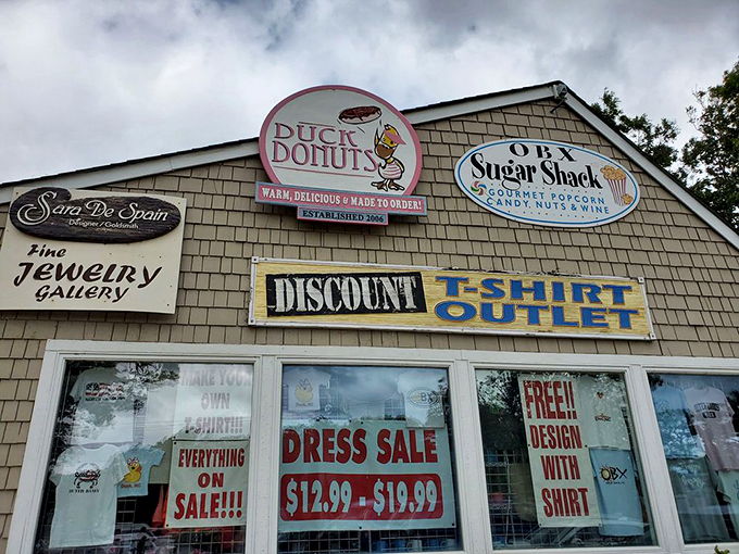 Where vacation shopping priorities align perfectly. Jewelry, t-shirts, and donuts—the holy trinity of Outer Banks retail therapy.