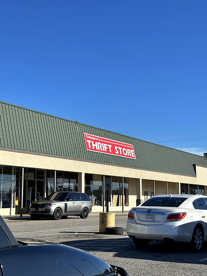 Even luxury cars fill the parking lot on busy days. Thrifting transcends economic boundaries when the treasures are this good.