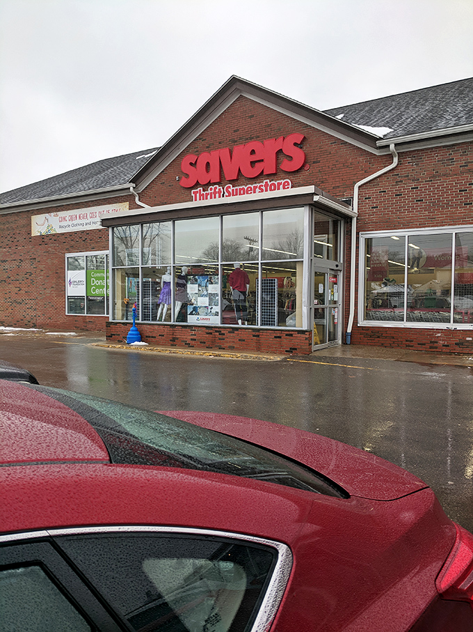 Even on a rainy day, the Savers storefront promises dry adventures inside—a treasure hunt that doesn't require an umbrella or metal detector.