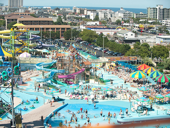 From above, Splash Mountain reveals itself as a blue oasis amid Ocean City's landscape—a carefully orchestrated symphony of summer joy.