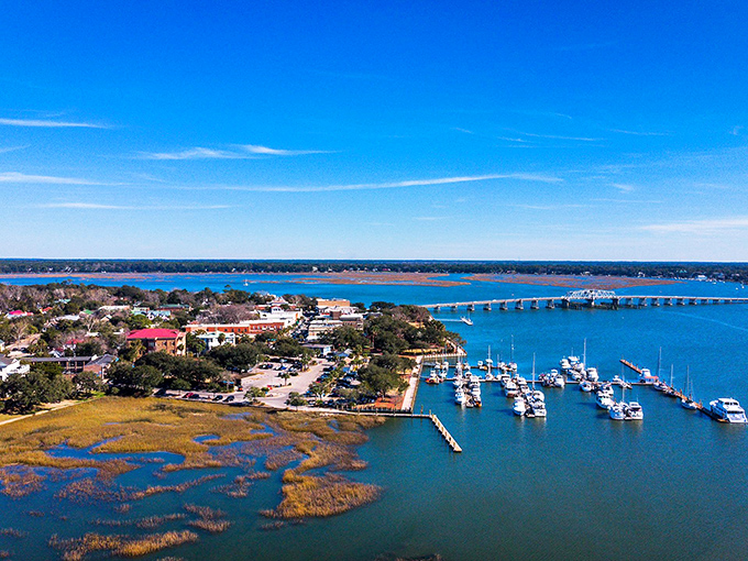 From above, Beaufort reveals its true character – a perfect marriage of blue water, green marshland, and a town that knows exactly where it belongs.