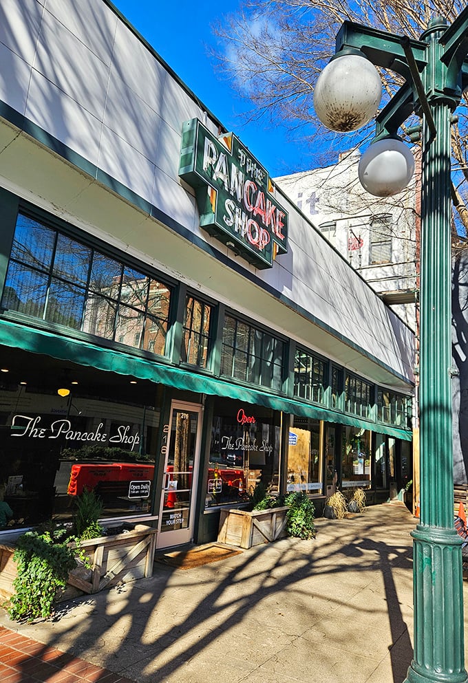 Morning sunshine highlighting The Pancake Shop's welcoming façade – a Hot Springs landmark that's been worth the wait for generations of breakfast lovers.