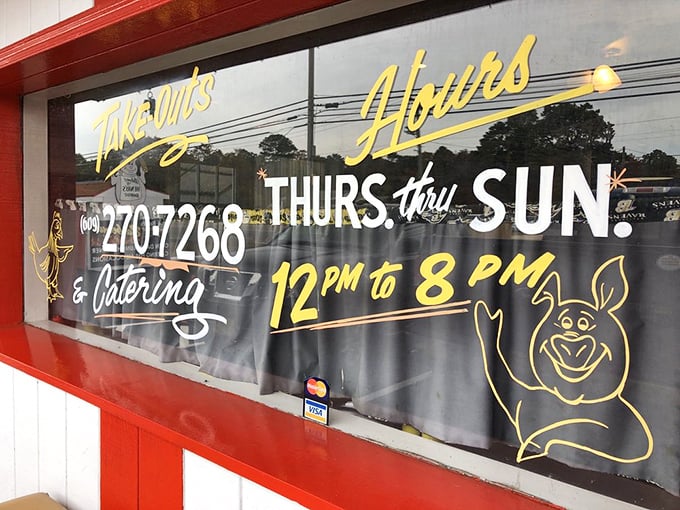 Hours posted like a promise of good times. That pig knows something you don't yet—but you will, very soon.