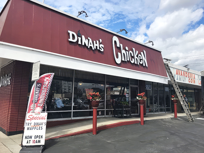 Another angle of chicken paradise—where those red posts stand guard like sentinels protecting California's fried chicken heritage from passing food trends.