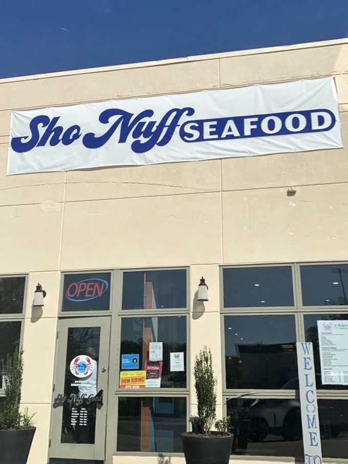 The banner proudly proclaiming "Sho Nuff Seafood" – a promise that this place absolutely delivers on its name.