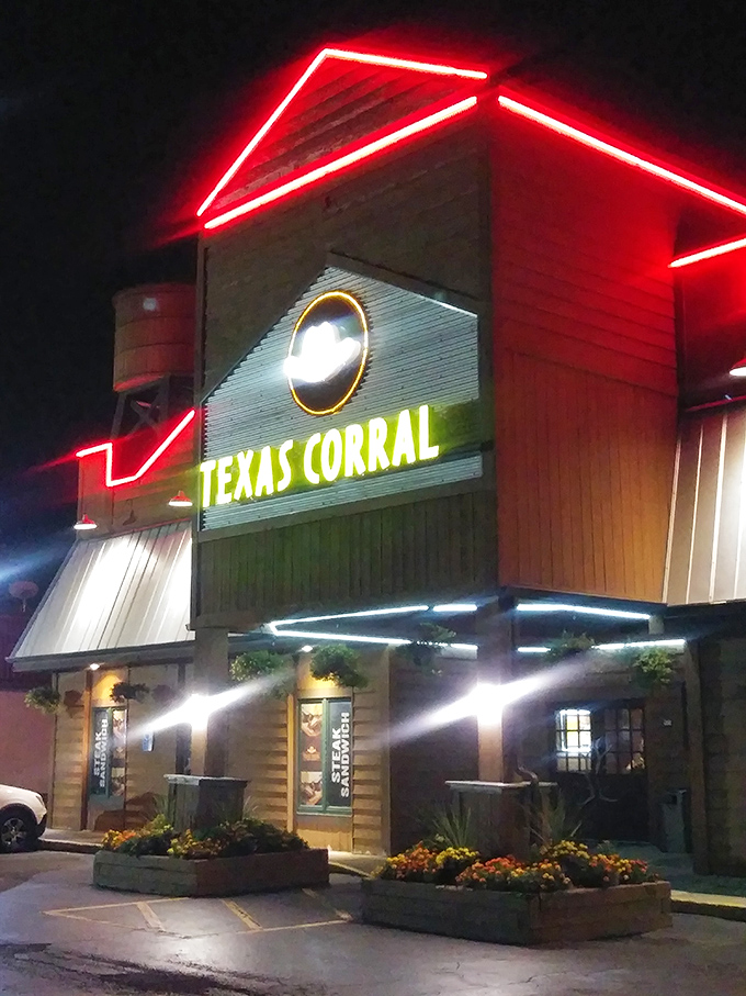As night falls, Texas Corral doesn't just light up—it transforms into a neon-outlined beacon of carnivorous possibilities.